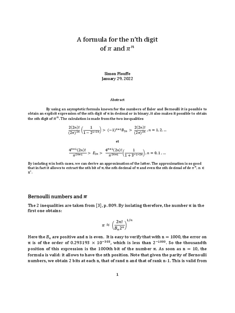A Formula For The N'TH Digits of Pi | PDF | Pi | Decimal