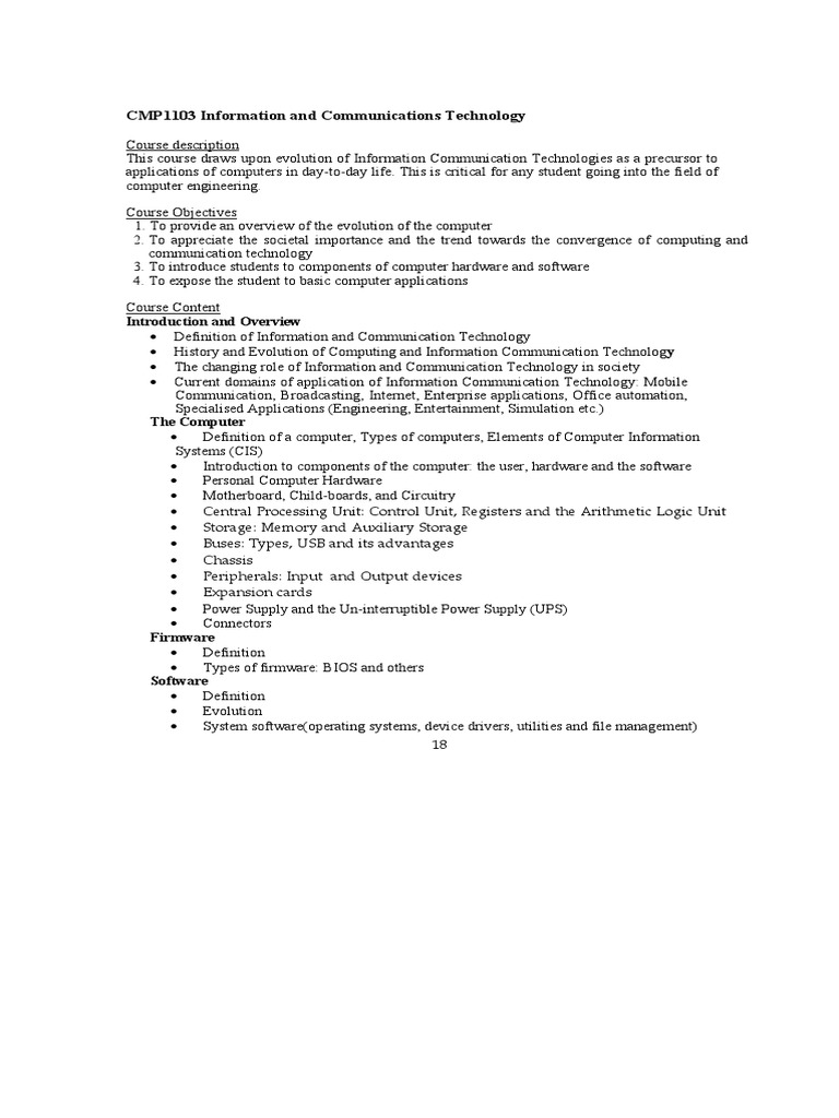ICT Course Overview and Objectives | PDF | Computer Hardware | Information