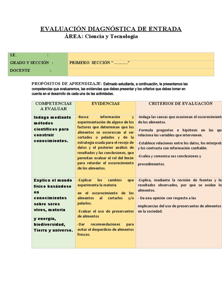 EVALUACIÓN DIAGNÓSTICA DE ENTRADAGG.docx | PDF | Evaluación | Alimentos