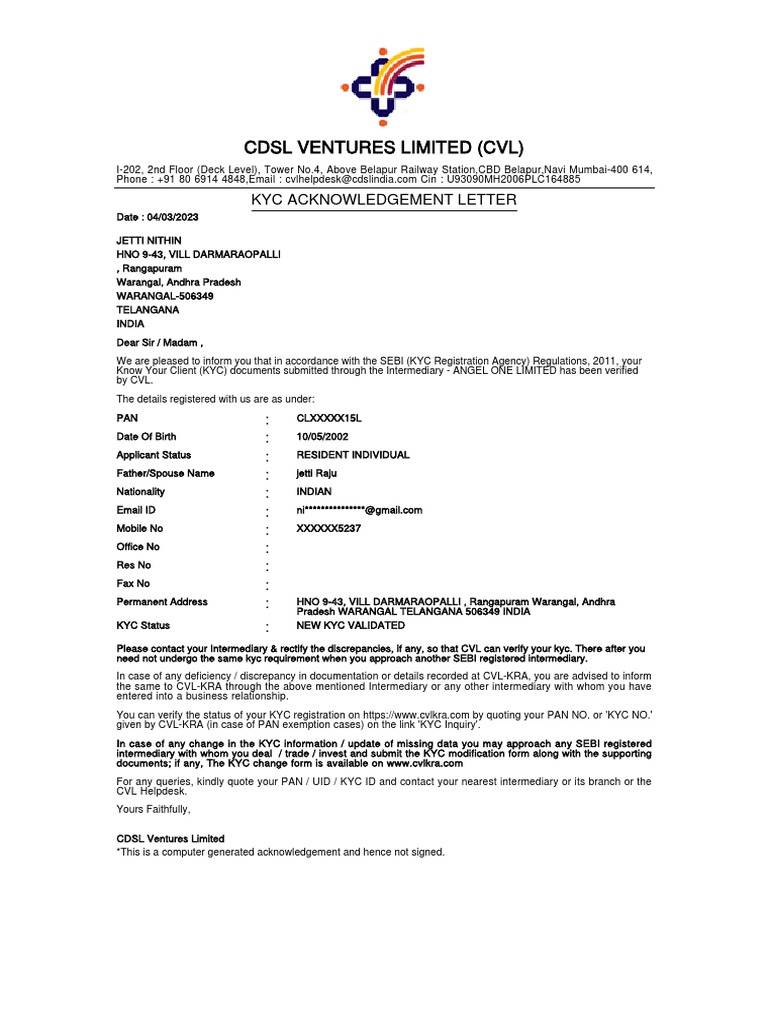 CDSL Ventures Limited (CVL) : Kyc Acknowledgement Letter | Download ...