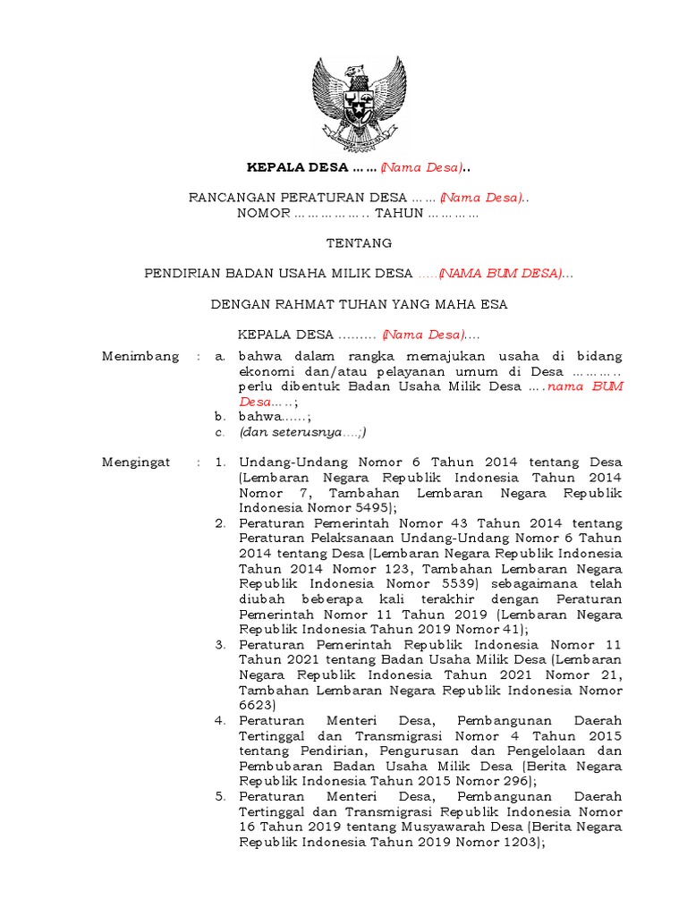 Draft Perdes Pendirian BUM Desa (Terbaru) | PDF