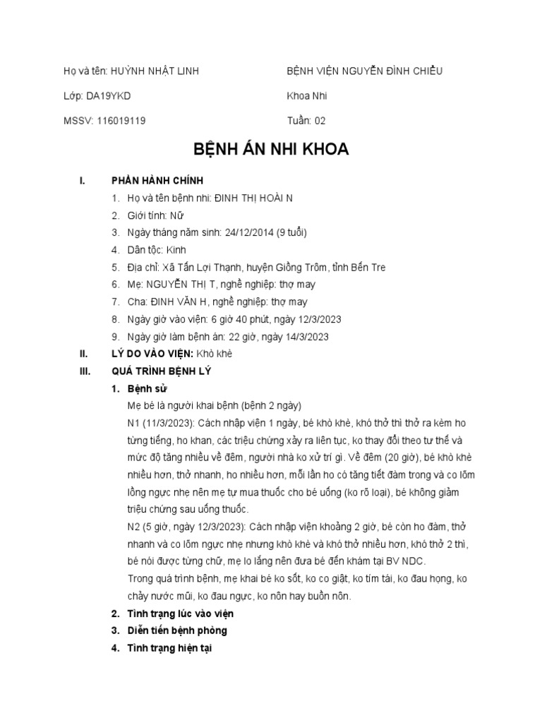 Form bệnh án nhi khoa của HULI | PDF