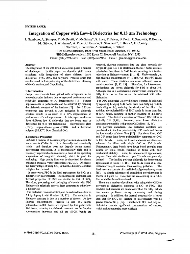 Integration of Copper With Low K Dielect | PDF | Copper | Silicon Dioxide