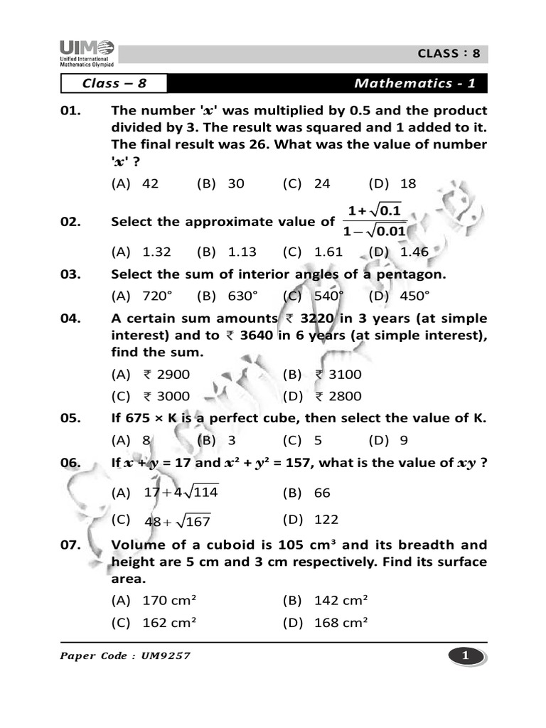 UIMO Class 8 Paper 2021 | PDF | Area | Elementary Geometry