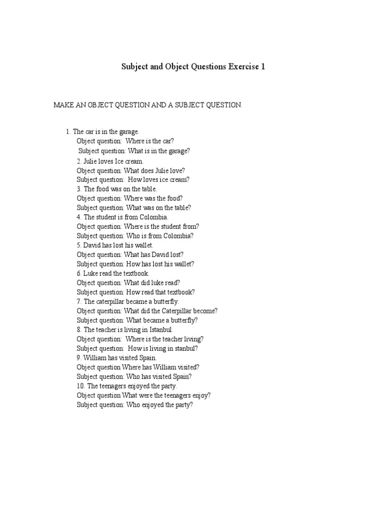 Subject and Object Questions Exercises | PDF