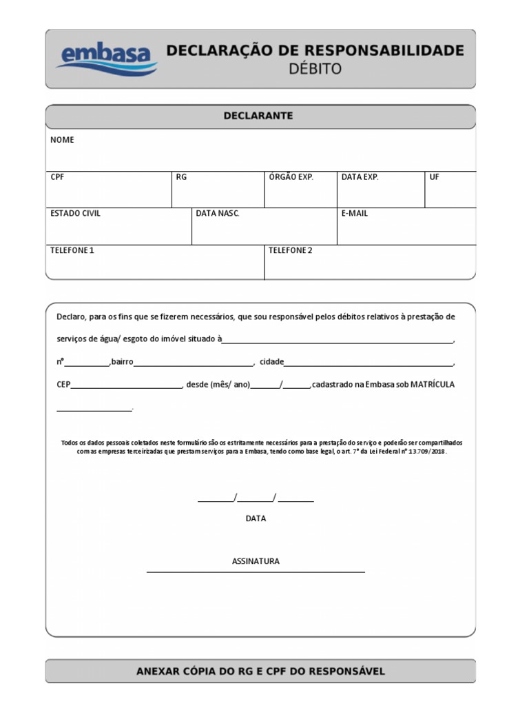 EMBASA Declaracao de Responsabilidade Debito | PDF