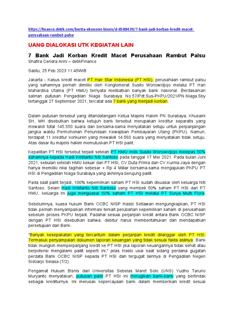7 Bank Terkena Kredit Macet PT HSI | PDF