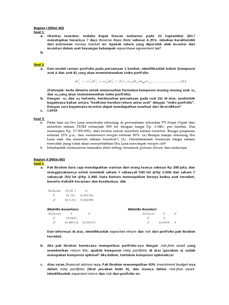 UTS Manajemen Investasi Dan Portfolio - Ganjil 2017-2018 | PDF