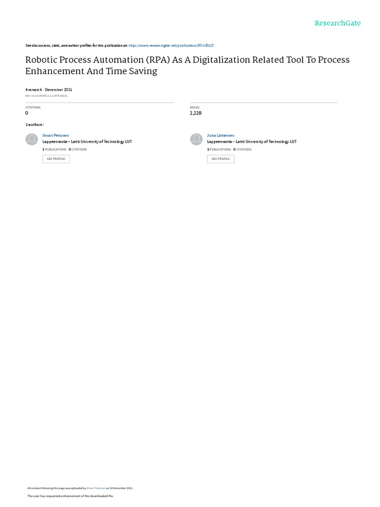 Robotic Process Automation As A Digitalization Related Tool To Process Enhancement and Time ...