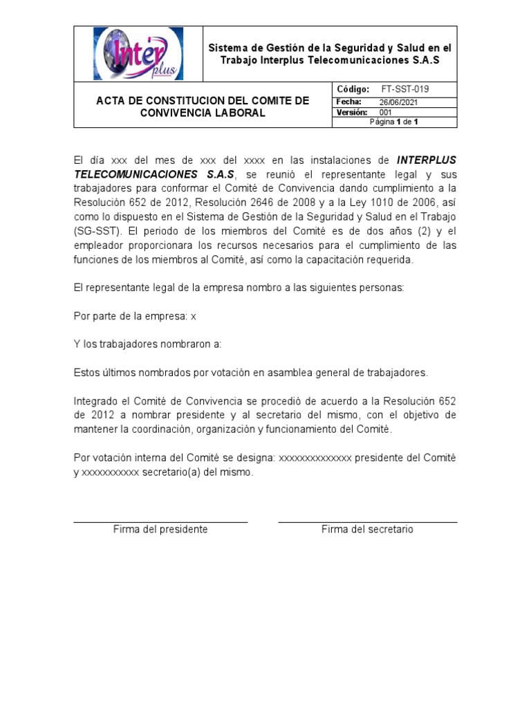 FT-SST-019 Formato Acta de Constitución Del Comité de Convivencia Laboral | PDF