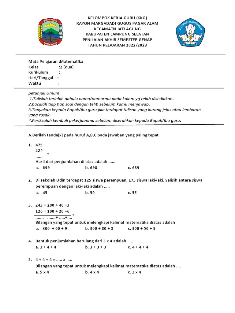 Soal Matematika Kelas 2 Kurikulum Merdeka | PDF