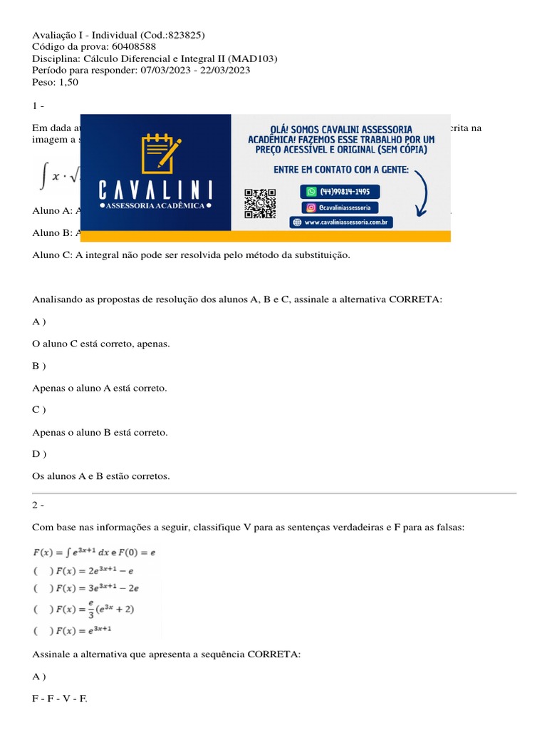 Avaliação I Cálculo Diferencial E Integral Ii Uniasselvi Pdf