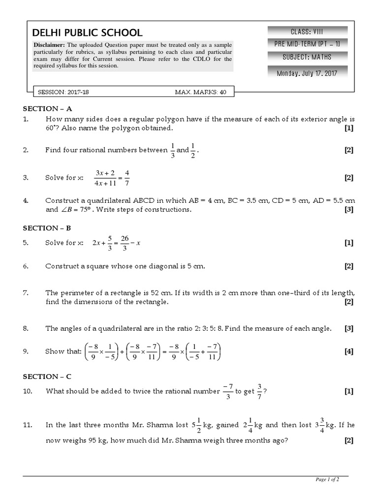 QP Viii Maths 201718 | PDF | Area | Rectangle