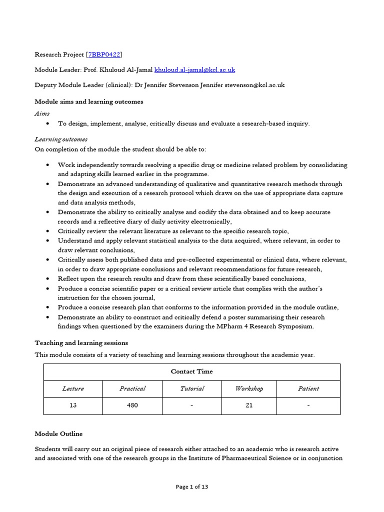MPharm Year 4 Module Handbook 2022 23 (Project Only) | PDF | Abstract (Summary) | Methodology