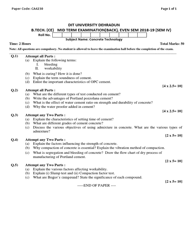 Concrete Technology Even Sem Mid Term 2018-19 (DITUStudentApp) | PDF | Concrete | Cement