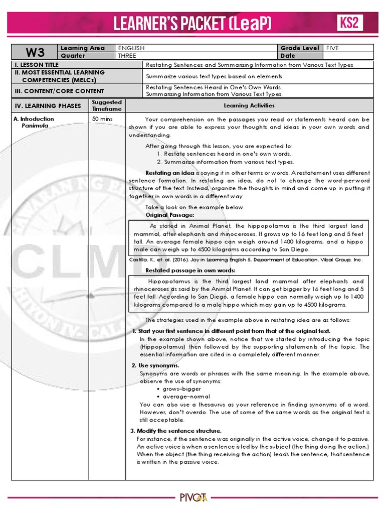 English 5 Q3 Week 3 PDF | PDF | Hippopotamus | Nasa