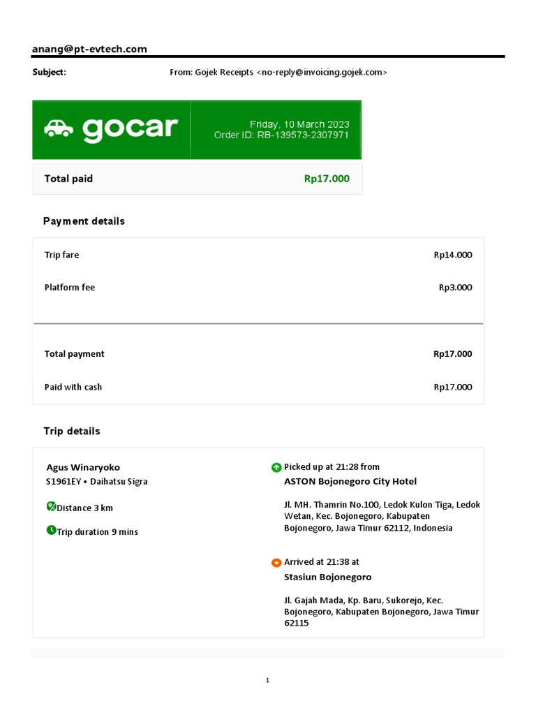 Gocar Hotel Aston - Stasiun Bojonegoro | PDF