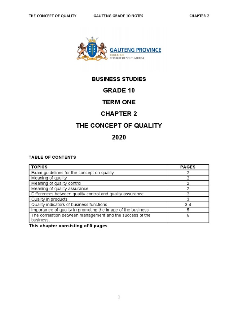 Quality Concepts in Grade 10 Business | PDF | Quality Assurance ...