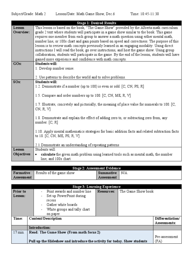Lesson Plan Template - Game Show Math | PDF | Mathematics | Cognitive ...