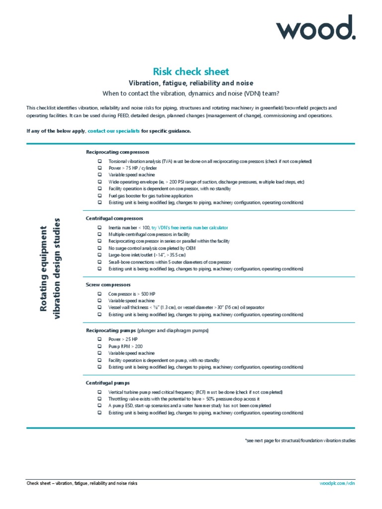 Risk Check Sheet - Vibration, Fatigue, Reliability and Noise | PDF | Pump | Reliability Engineering