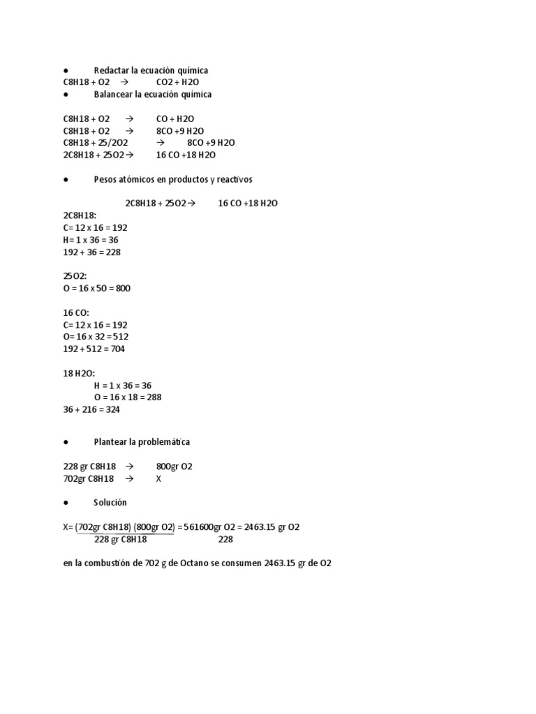 Balanceo y Cálculo en Combustión de Octano | PDF