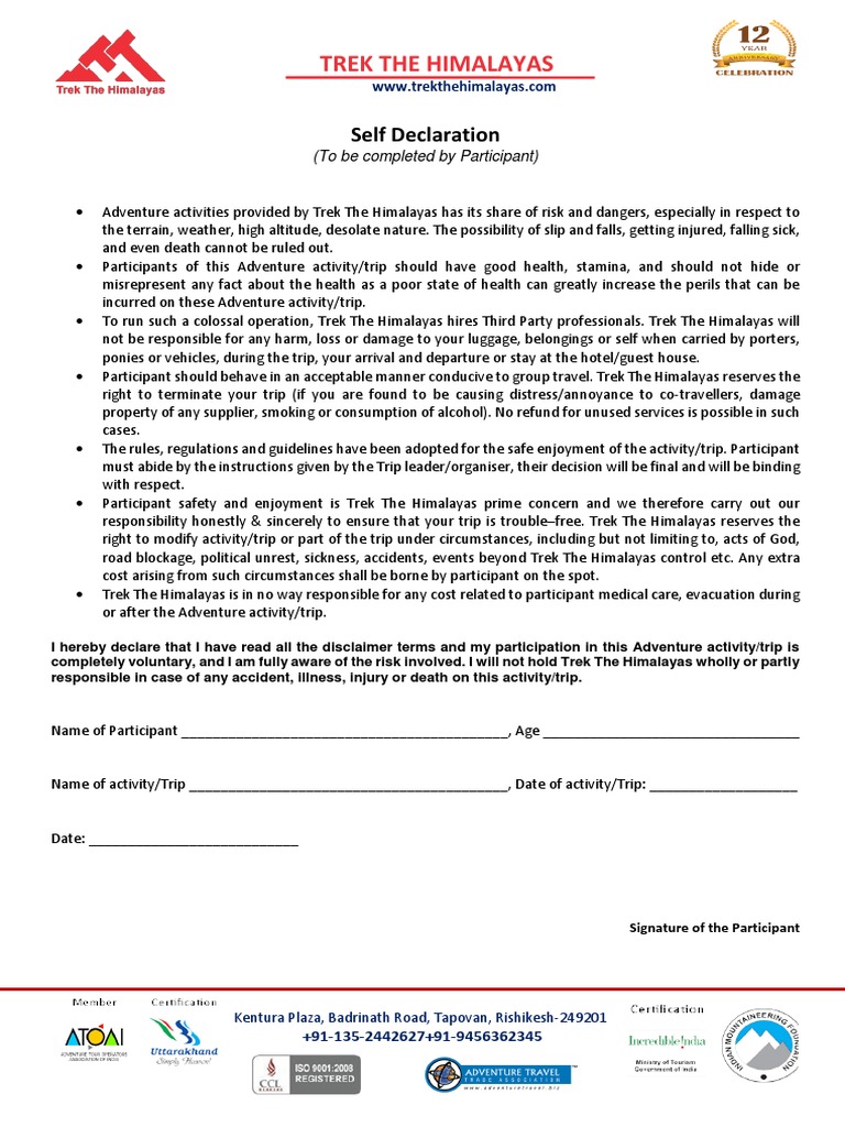 Self Declaration To Be Completed by Participant | PDF