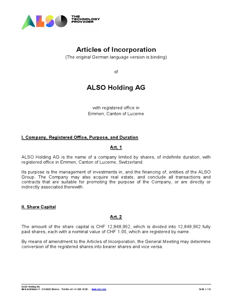 Articles of Incorporation of Also Holding Ag | PDF | Board Of Directors | Financial Capital