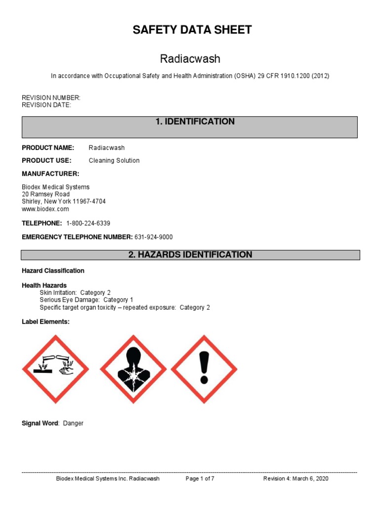 Sds Radiacwash 030620 | PDF | Toxicity | Working Conditions