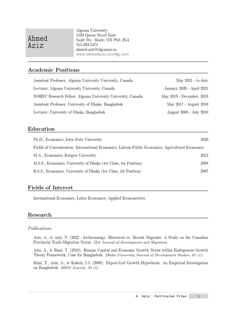 Curriculum Vitae Ahmed Aziz 2023 | PDF | Immigration | University