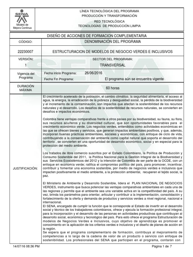 Informe Programa de Formación Complementaria | PDF | Sustentabilidad | Desarrollo sostenible