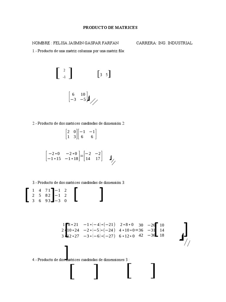 Ejercicio PRODUCTO DE MATRICES | PDF | Conceptos matemáticos | Teoría de la matriz