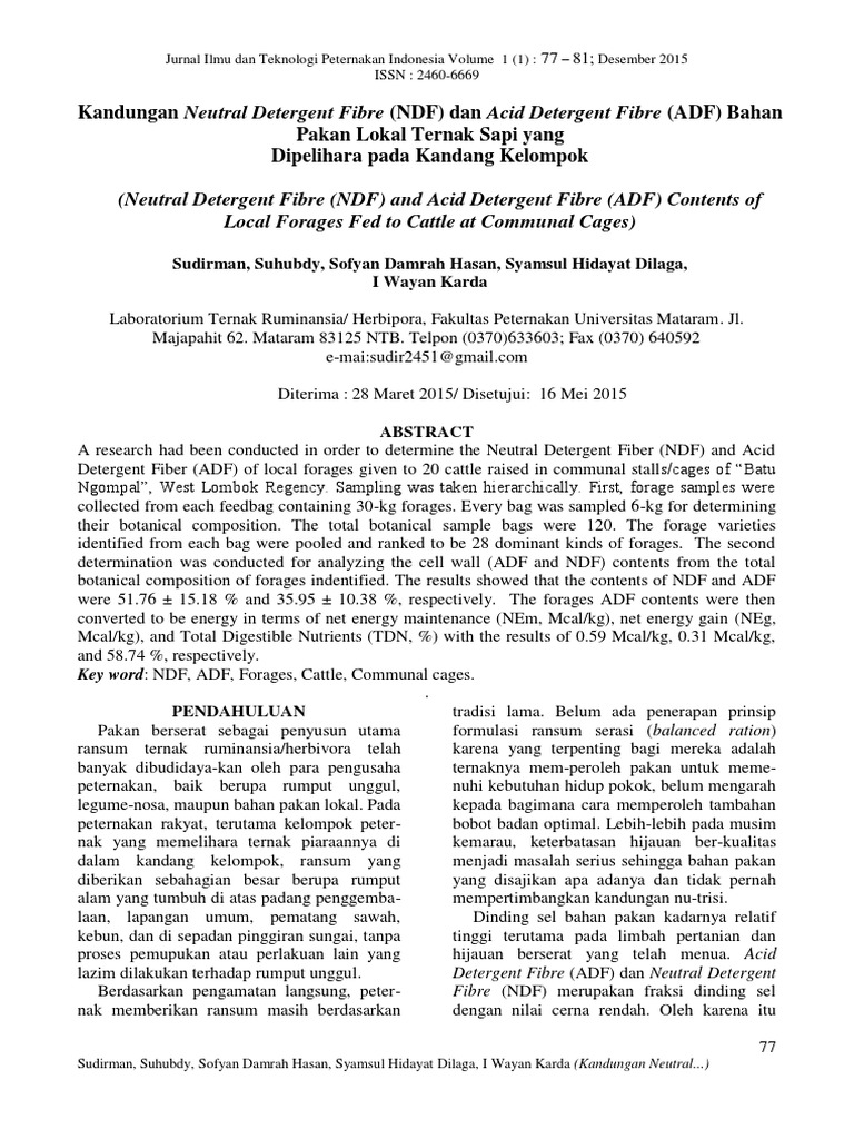 4 Kandungan Neutral Detergent Fibre (NDF) Dan Acid Detergent Fibre (ADF) Bahan | PDF