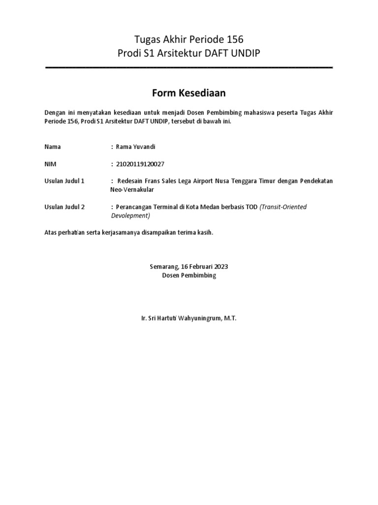 (Rama) TA156 - Tahap 00 - Form - Kesediaan Sebagai Pembimbing | PDF
