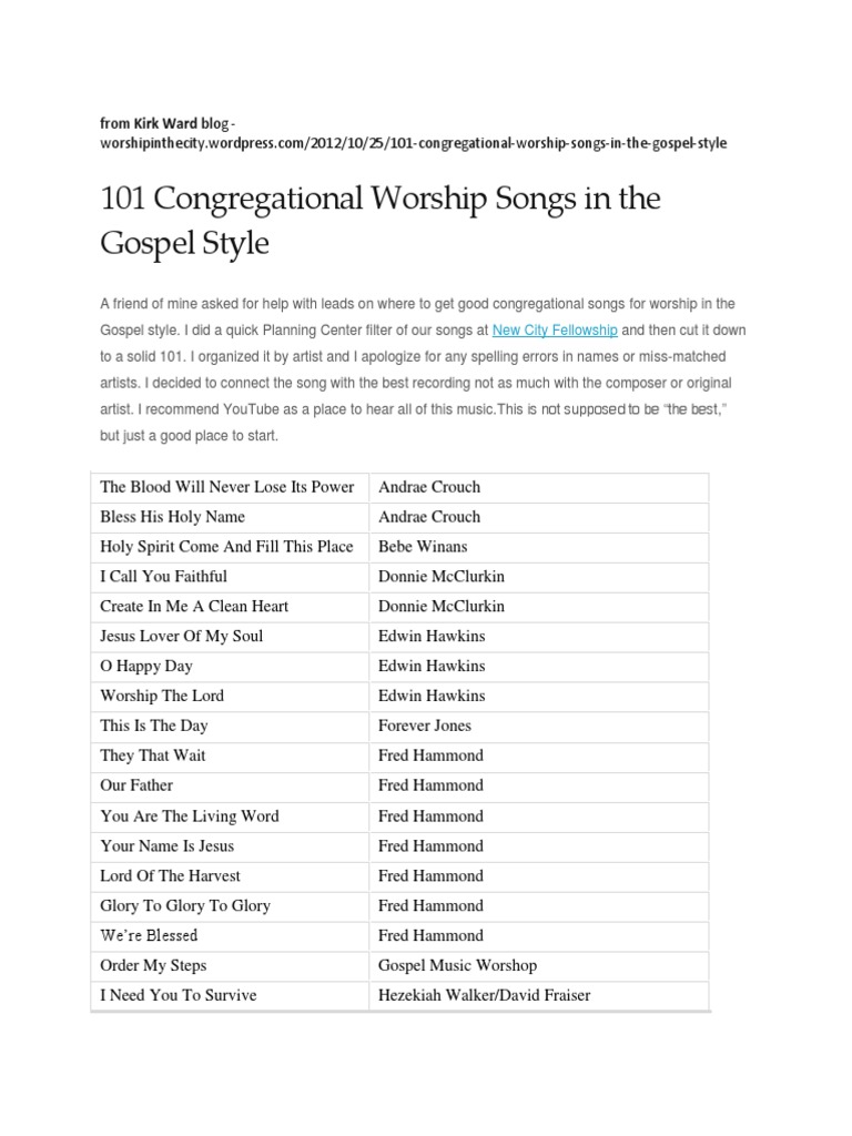 101 Gospel Worship Songs List | PDF