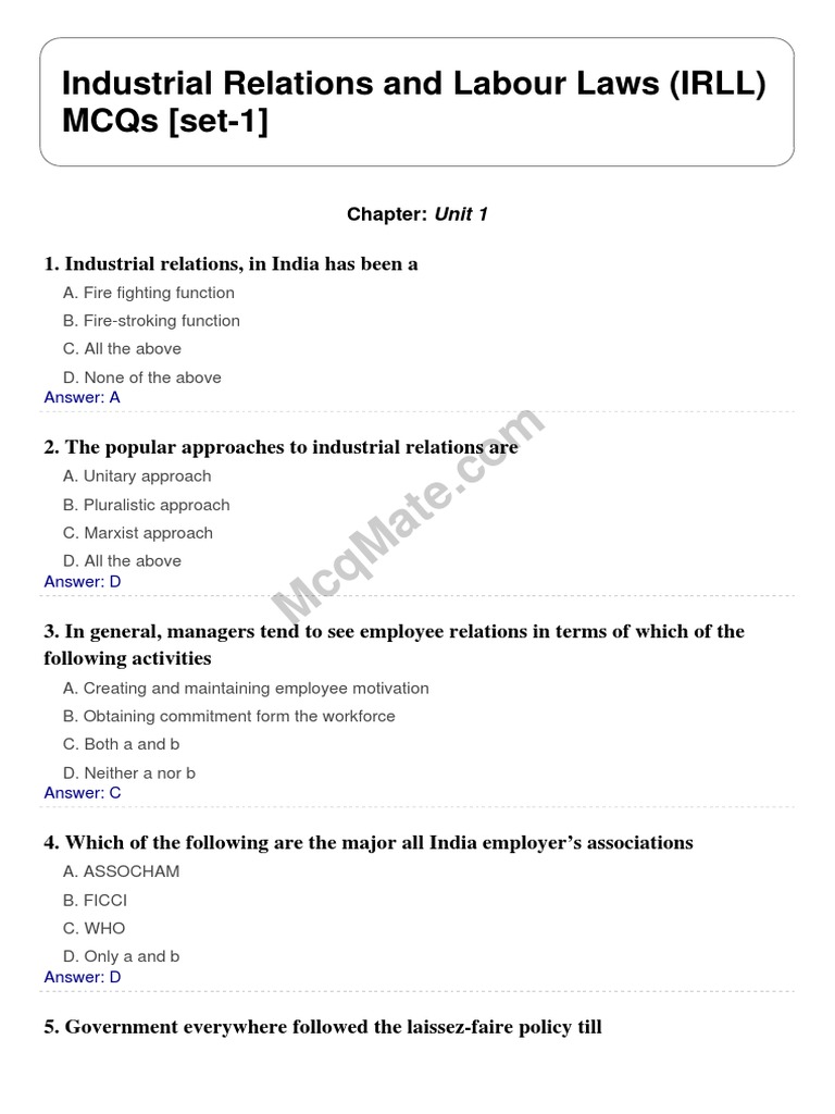Industrial Relations and Labour Laws (IRLL) Solved MCQs (Set-1) | PDF ...