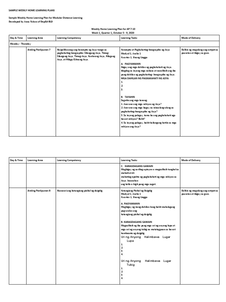 AP 7 10 Weekly Home Learning Plans | PDF