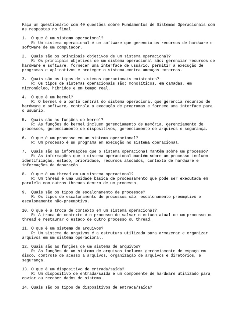 Questionario Sistemas Operacionassssis | PDF | Sistema operacional ...