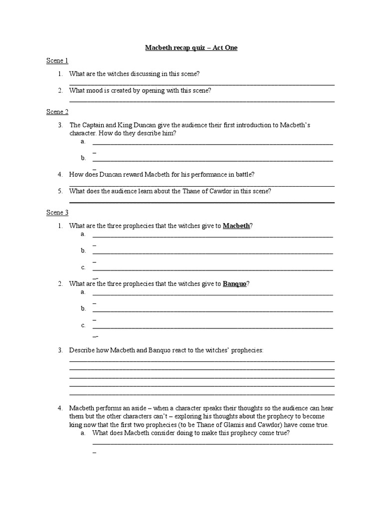 Macbeth Act 1 Recap and Quiz | PDF | Macbeth | Shakespearean Tragedies