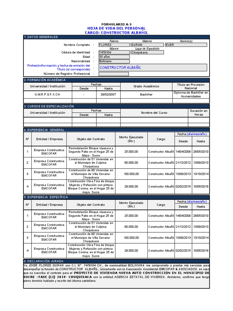 Formulario A3 para El Personal Clave | PDF | Bolivia | Titulo academico