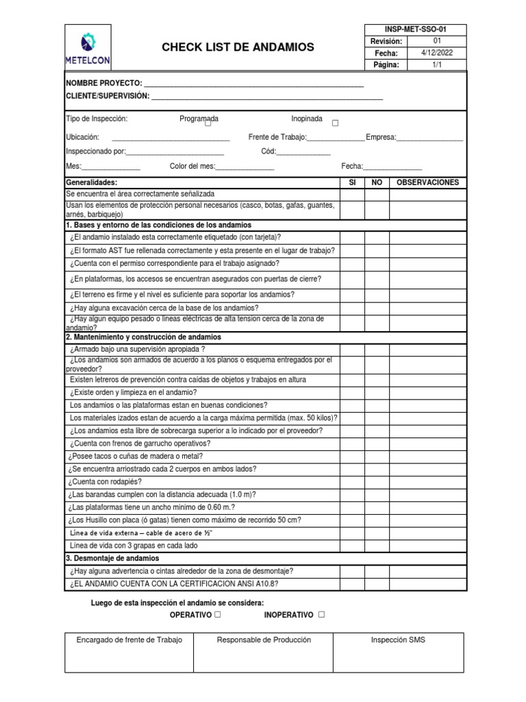 Inspección de Andamios: Checklist Completo | PDF | Andamio