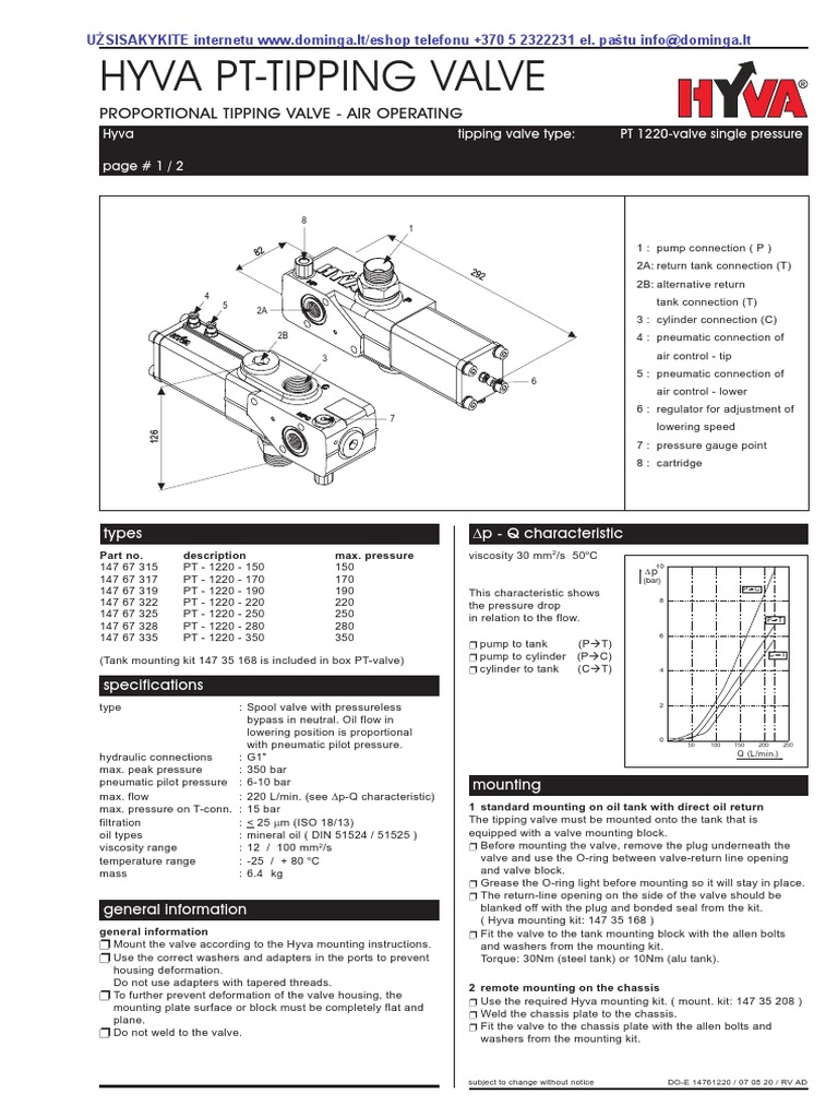 Hyva PT Tipping Valve Specifications | PDF | Valve | Pump