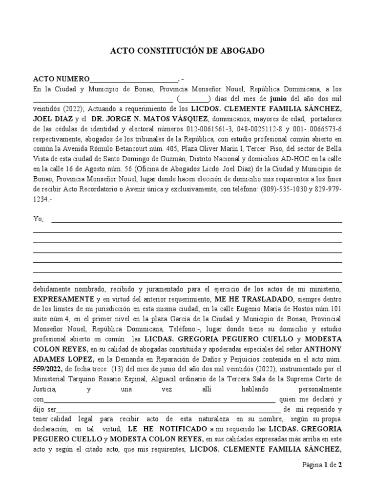 ACTO CONSTITUCIÓN DE ABOGADOS BONAO LAS LICDAS. GREGORIA PEGUERO CUELLO ...