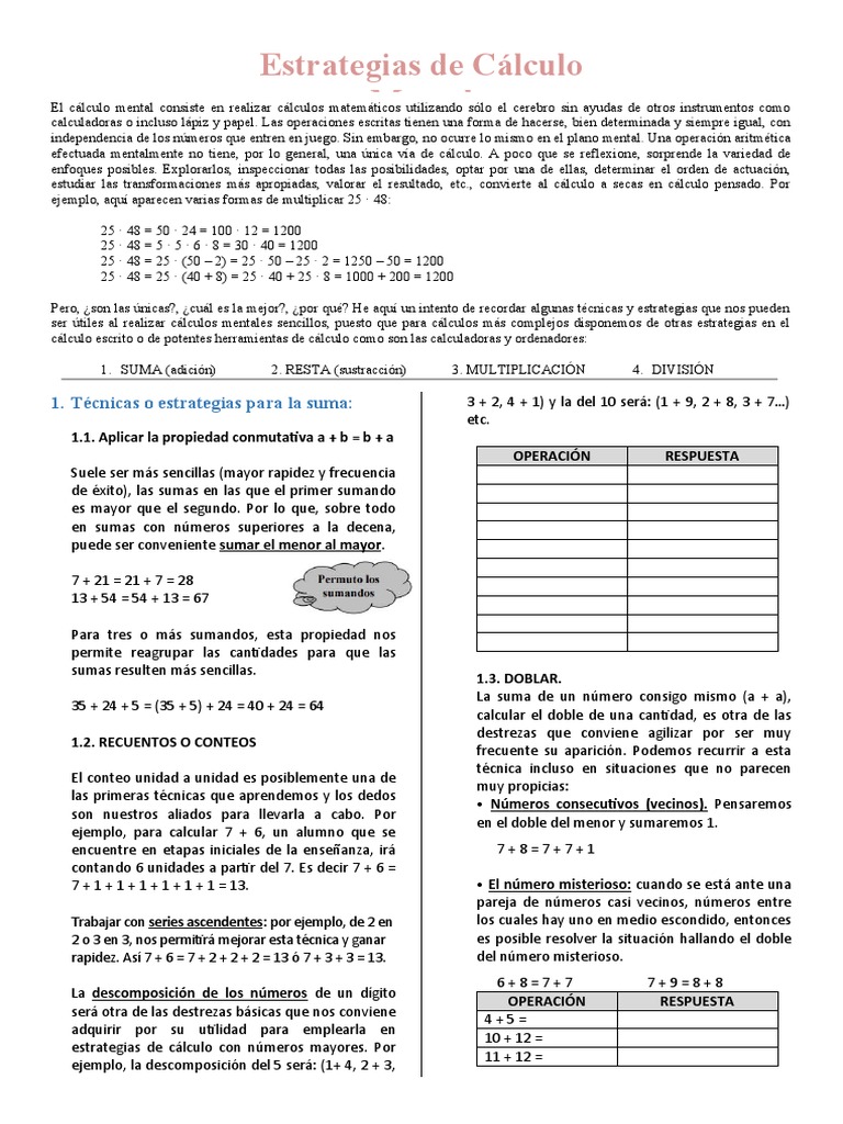 Estrategias de Cálculo Mental | PDF | Sustracción | Multiplicación