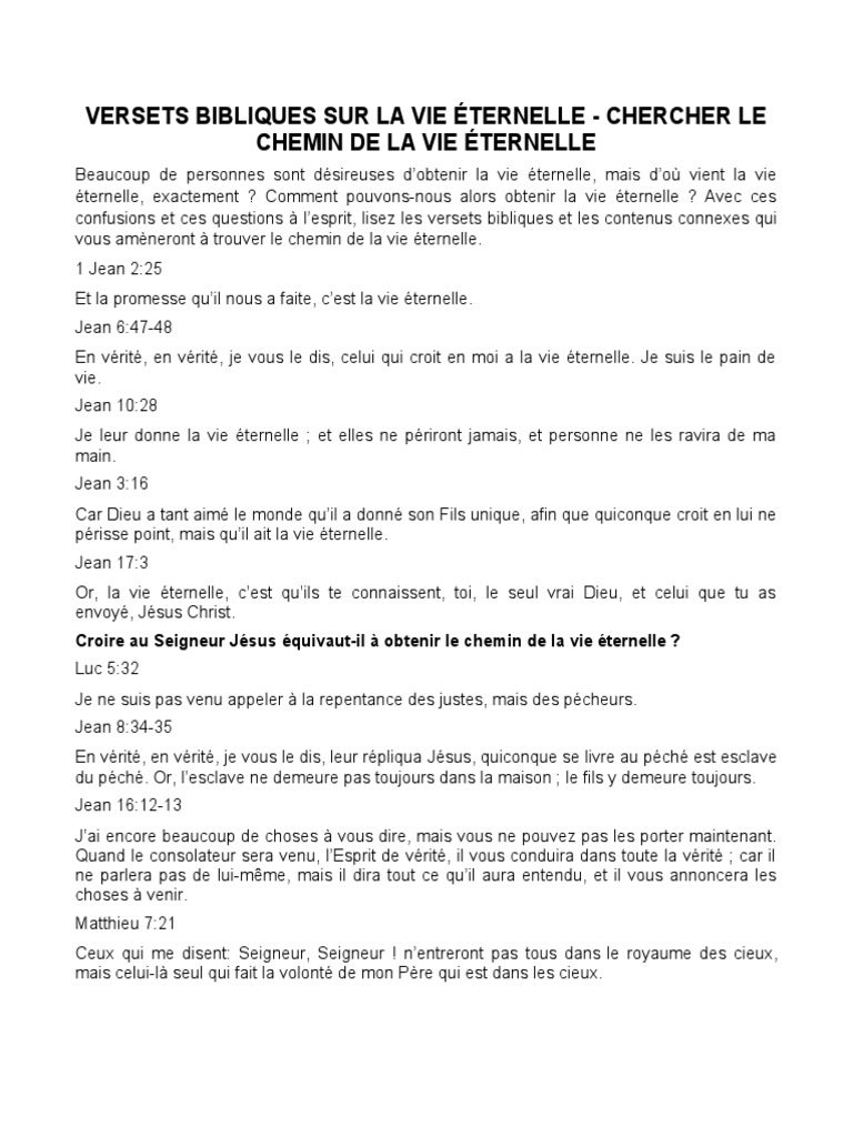 Versets Bibliques Sur La Vie Éternelle | PDF | Jésus | Dieu