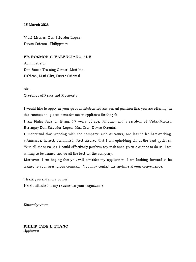 Philip Jade - Resume and Application Letter | PDF