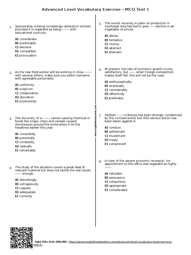 804 - Advanced Level Vocabulary Exercise MCQ Test 1 | PDF | Kurdistan ...