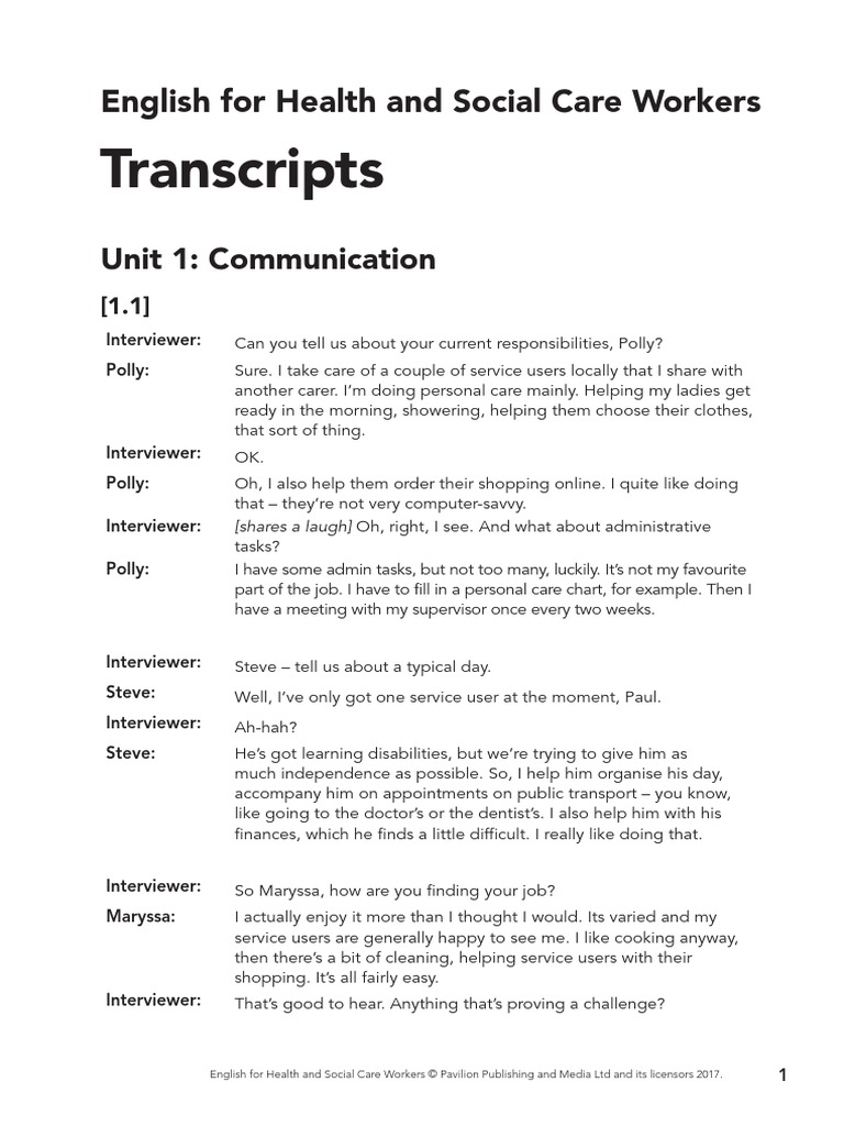 English For Health Social Care Workers Transcripts 1 PDF | PDF ...