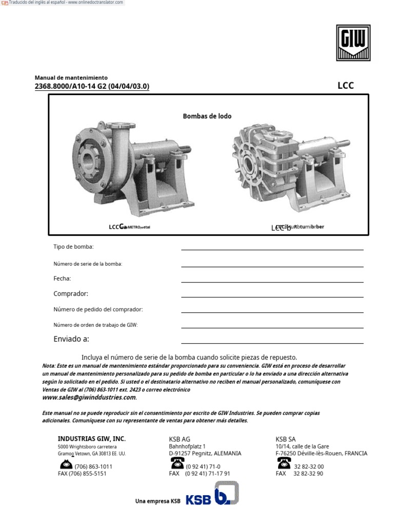 MANUAL DE SERVICIO LCCM - 230303 - 085606.en - Es | PDF | Rodamiento (Mecánico) | Bomba