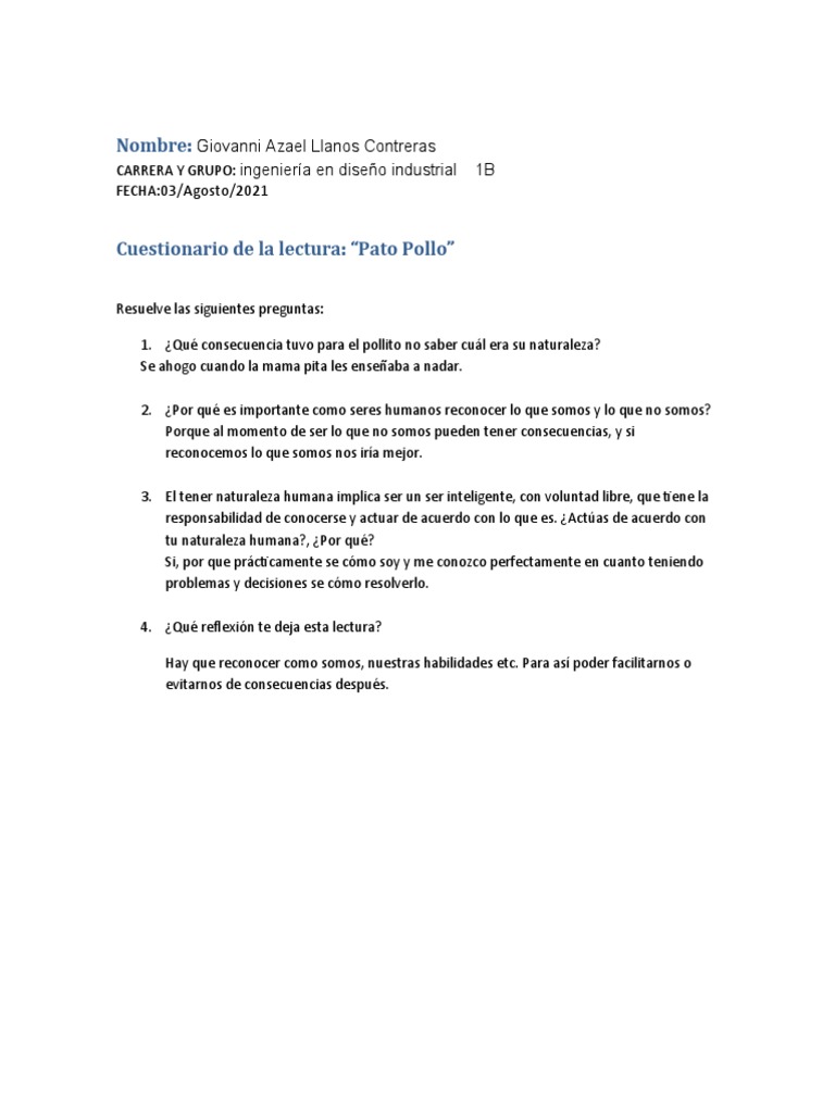 Cuestionario Pato Pollo | PDF