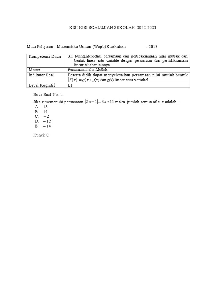 Kartu Soal Us Matematika Umum (Wajib) 2022-2023 Ok | PDF